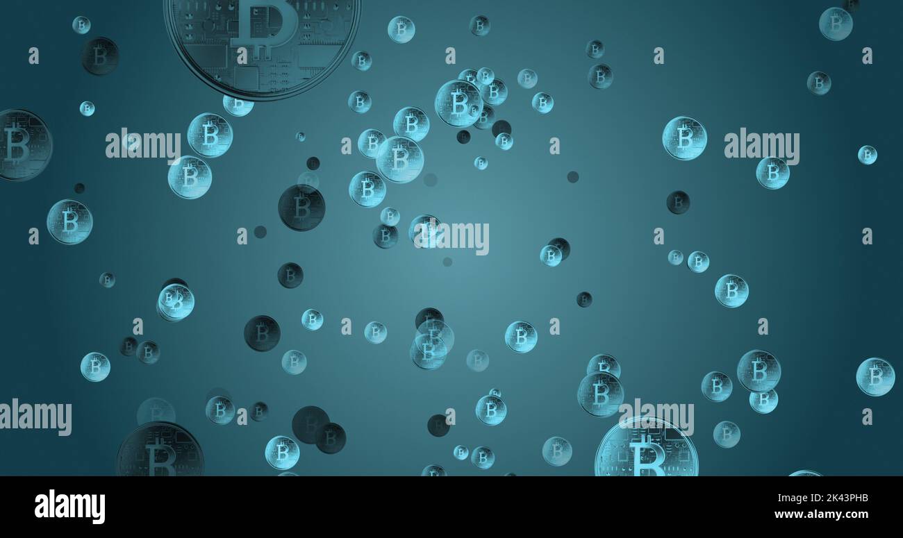 Image of multiple glowing blue Bitcoin symbols over blue gradient ...