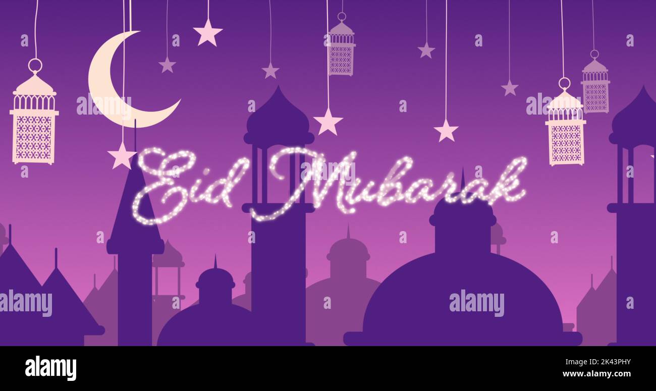Digitally generated image of a silver glitter Eid Mubarak greeting with ...