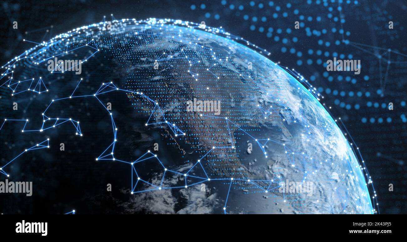 Image of blue planet Earth with blue particles and digital network of ...