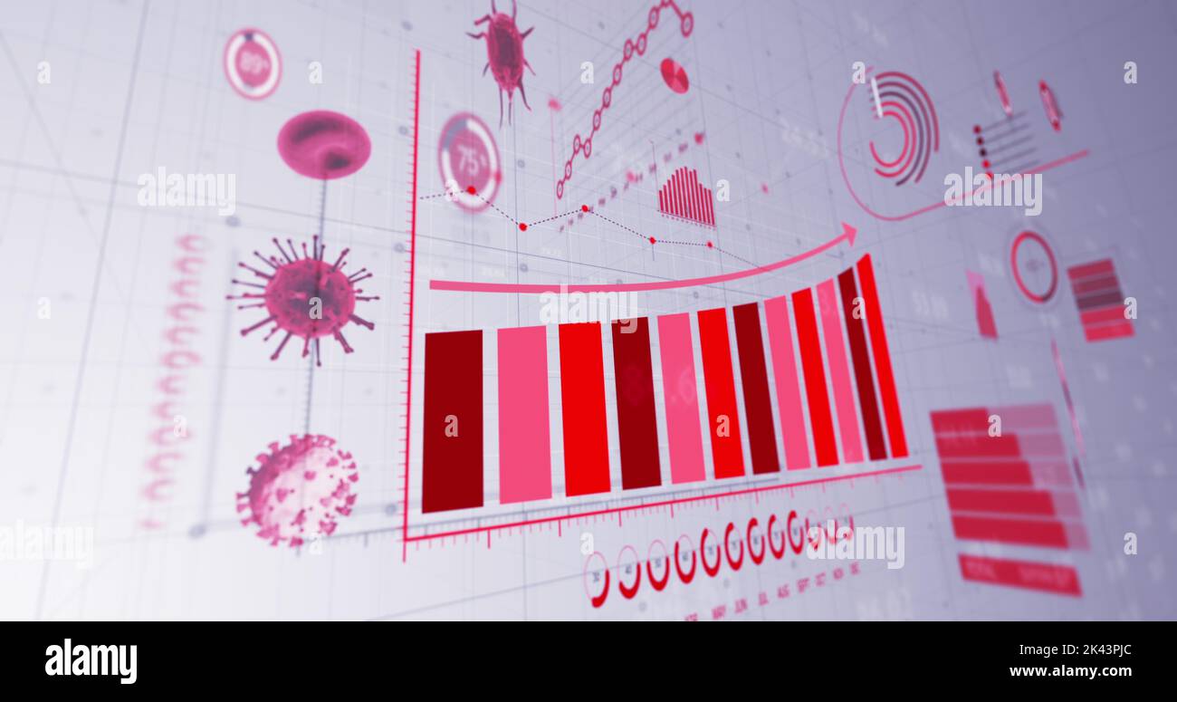 Image of coronavirus Covid 19 cells with red graph statistics recording ...