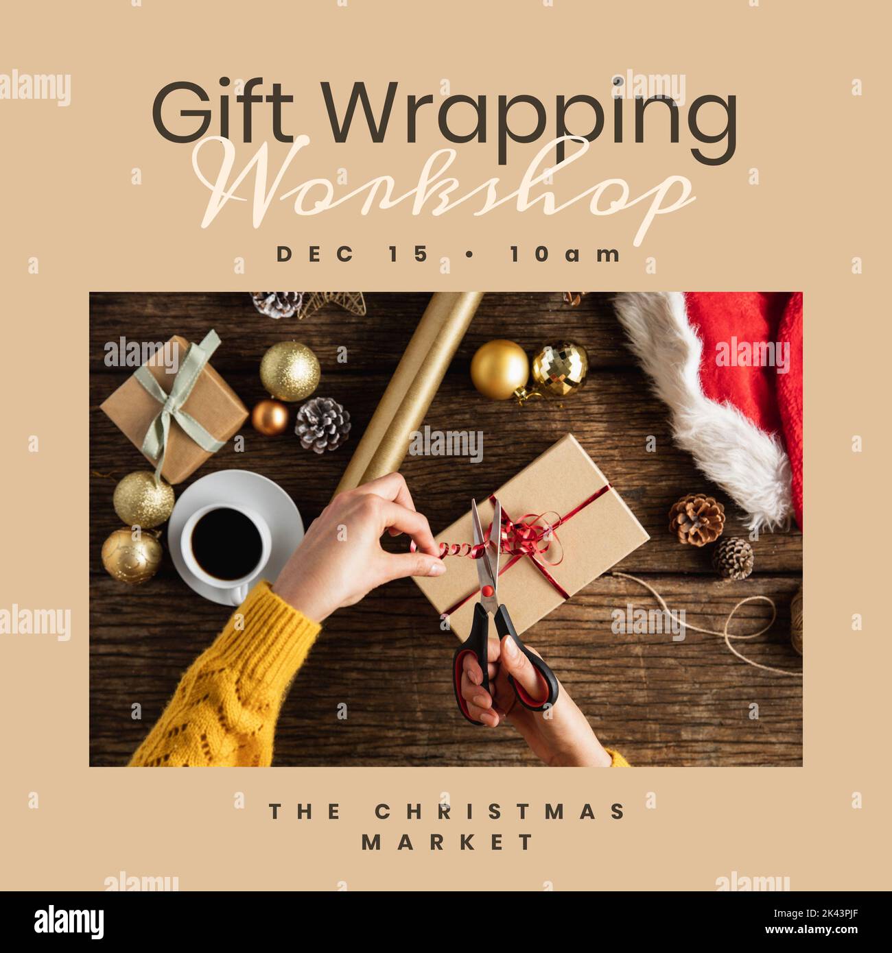 Composition of gift wrapping text over hand with decorations Stock ...