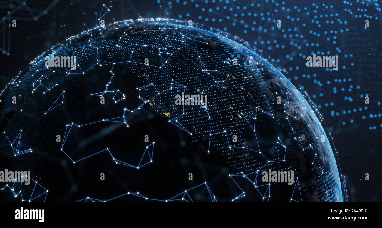 Image of blue planet Earth with blue particles and digital network of ...