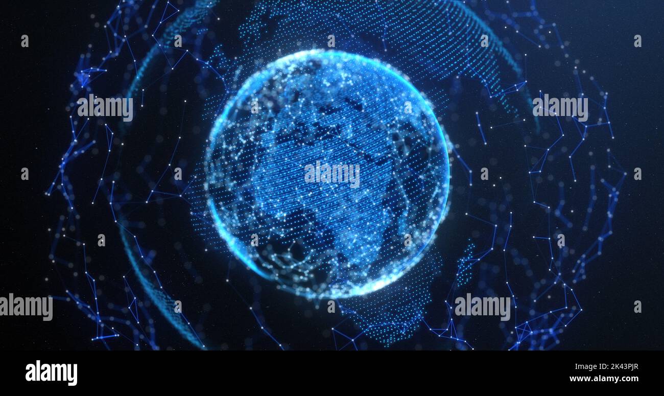Image of blue glowing planet Earth with digital network of connections ...