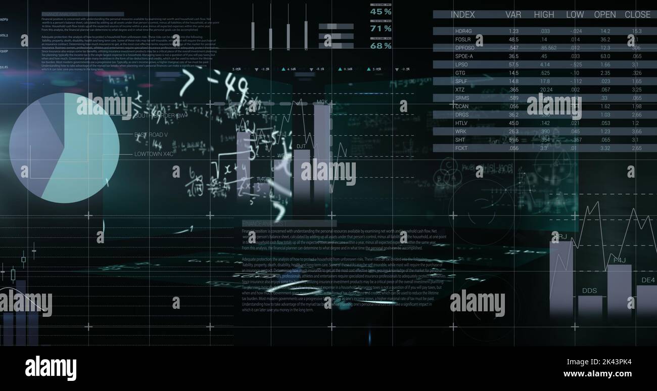 Mathematical equations floating against statistical data processing against black background ...