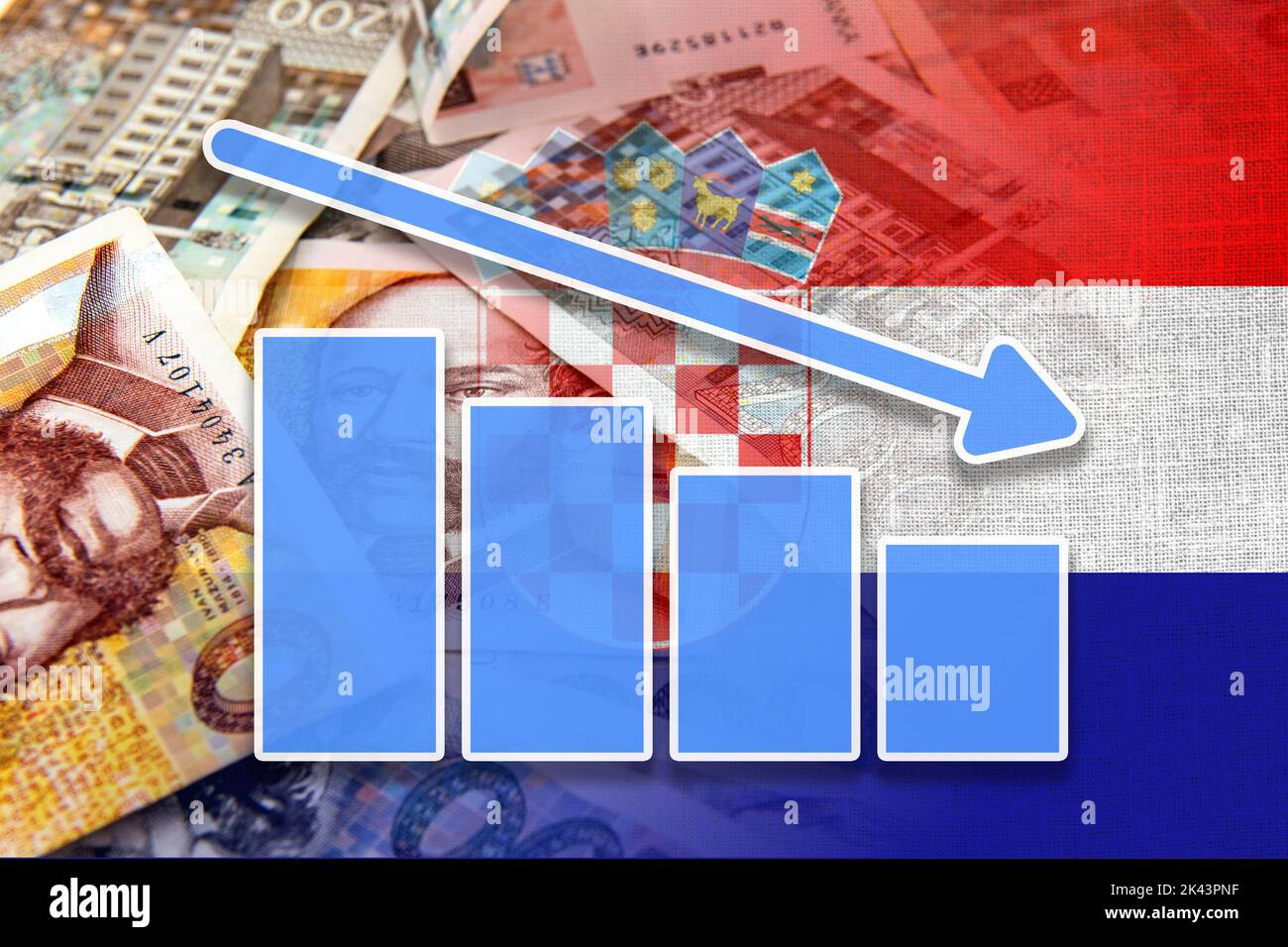 Economy Graph - Downward Arrow, Croatia Flag and Kuna Cash Banknotes ...