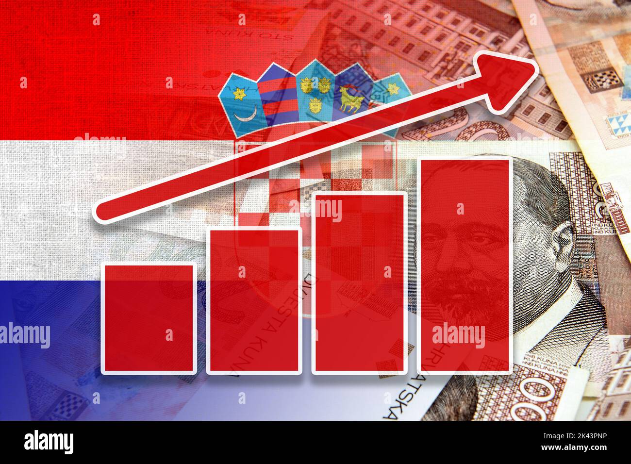 Economy Graph: Rising Arrow, Croatia Flag and Cash Kuna Banknotes Stock ...