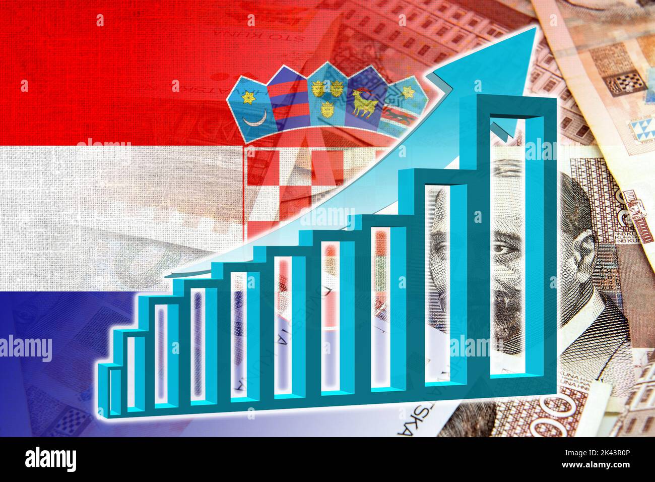 Economy Graph: Rising Arrow, Croatia Flag and Cash Kuna Banknotes Stock ...