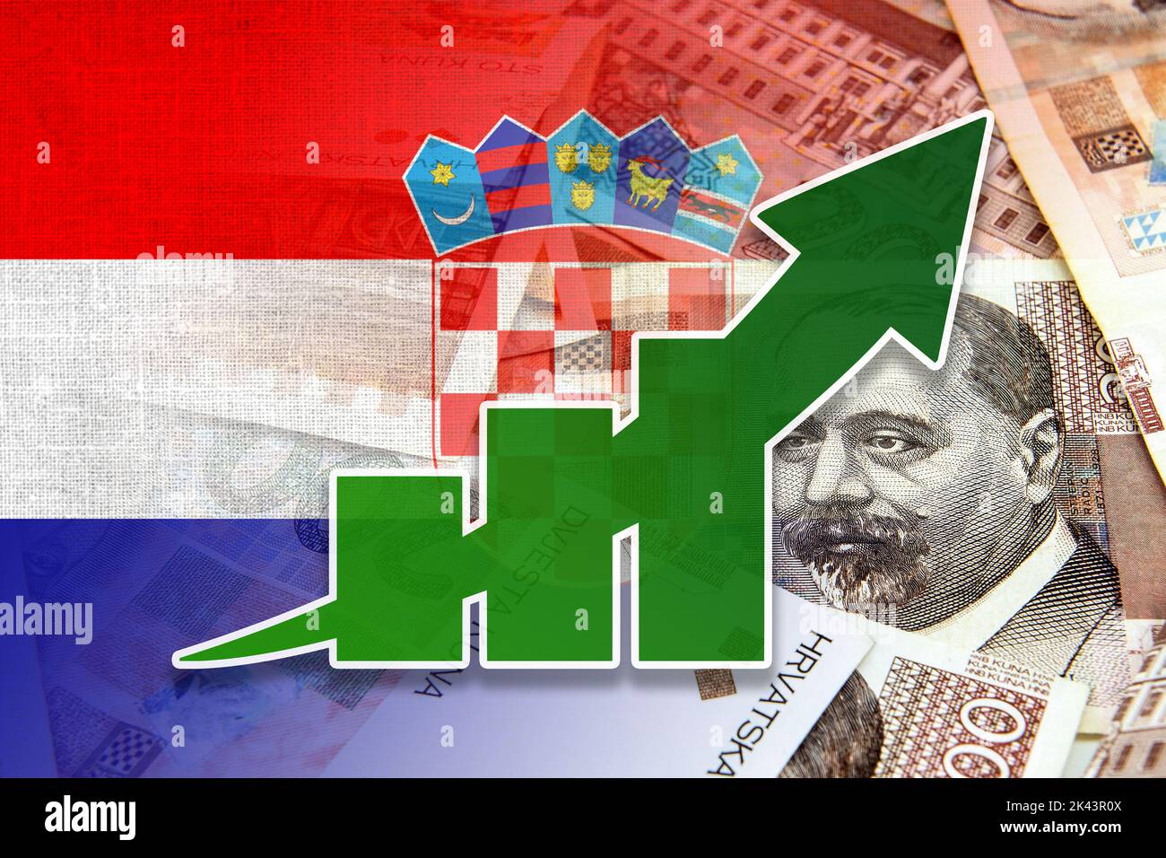 Economy Graph: Rising Arrow, Croatia Flag and Cash Kuna Banknotes Stock ...