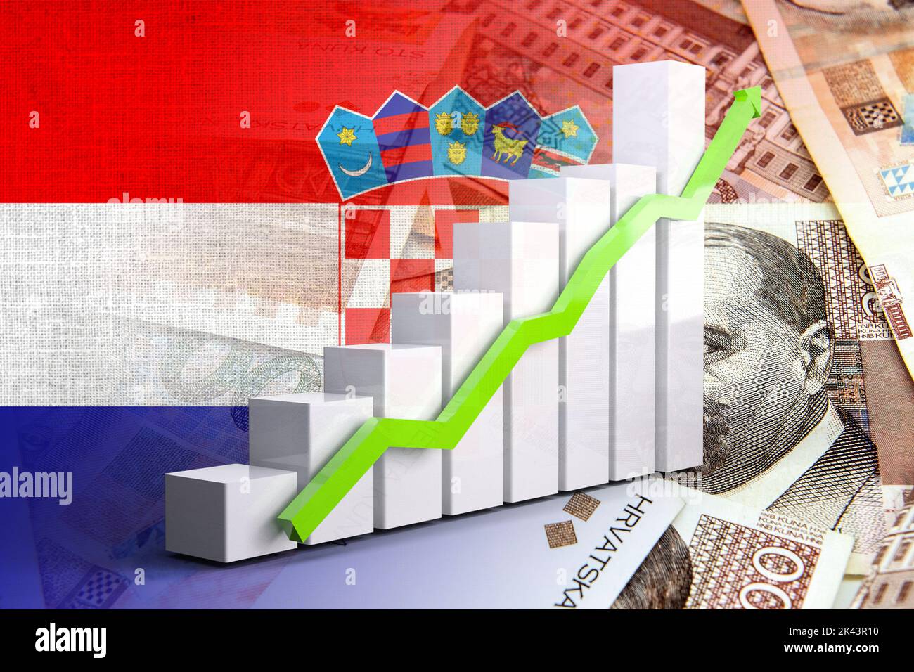 Economy Graph: Rising Arrow, Croatia Flag and Cash Kuna Banknotes Stock ...