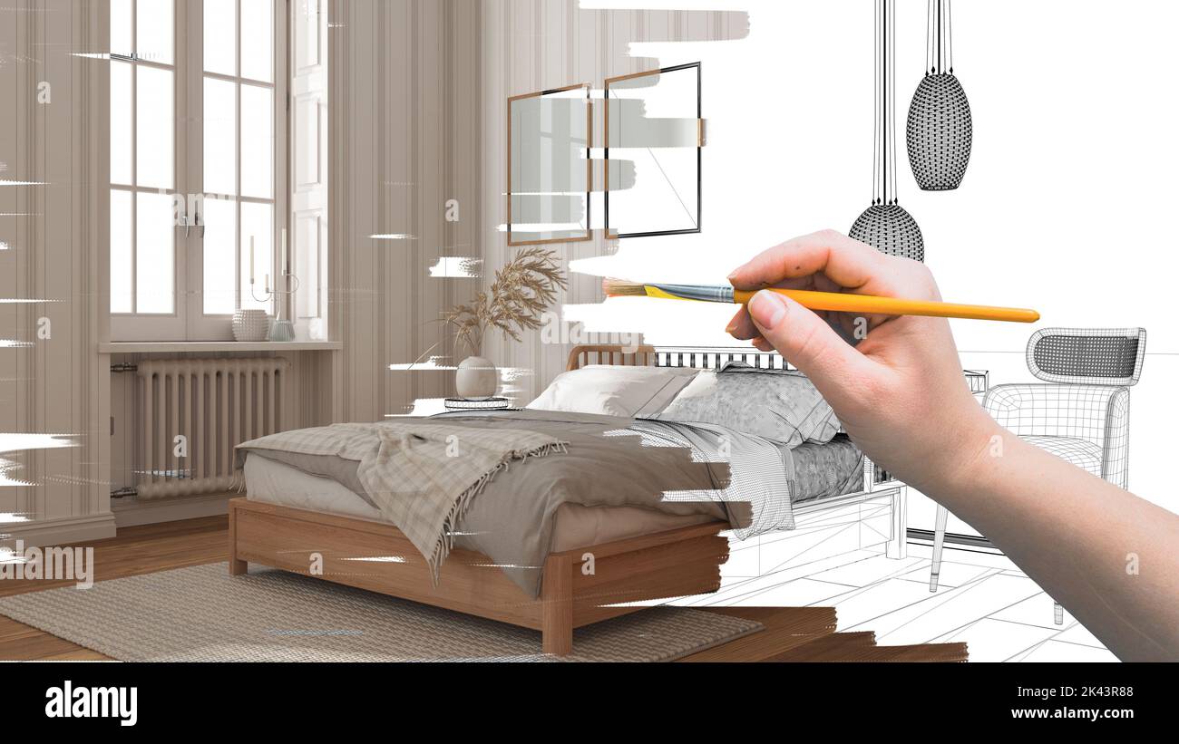 Blueprint project draft, sketch of scandinavian bedroom, hand painting ...