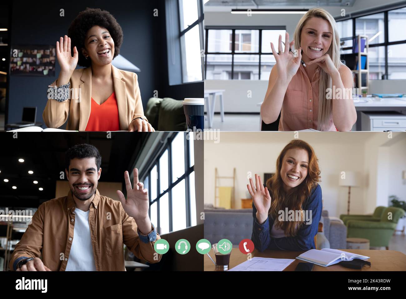 Diverse businesswomen and businessman waving on computer screen during ...