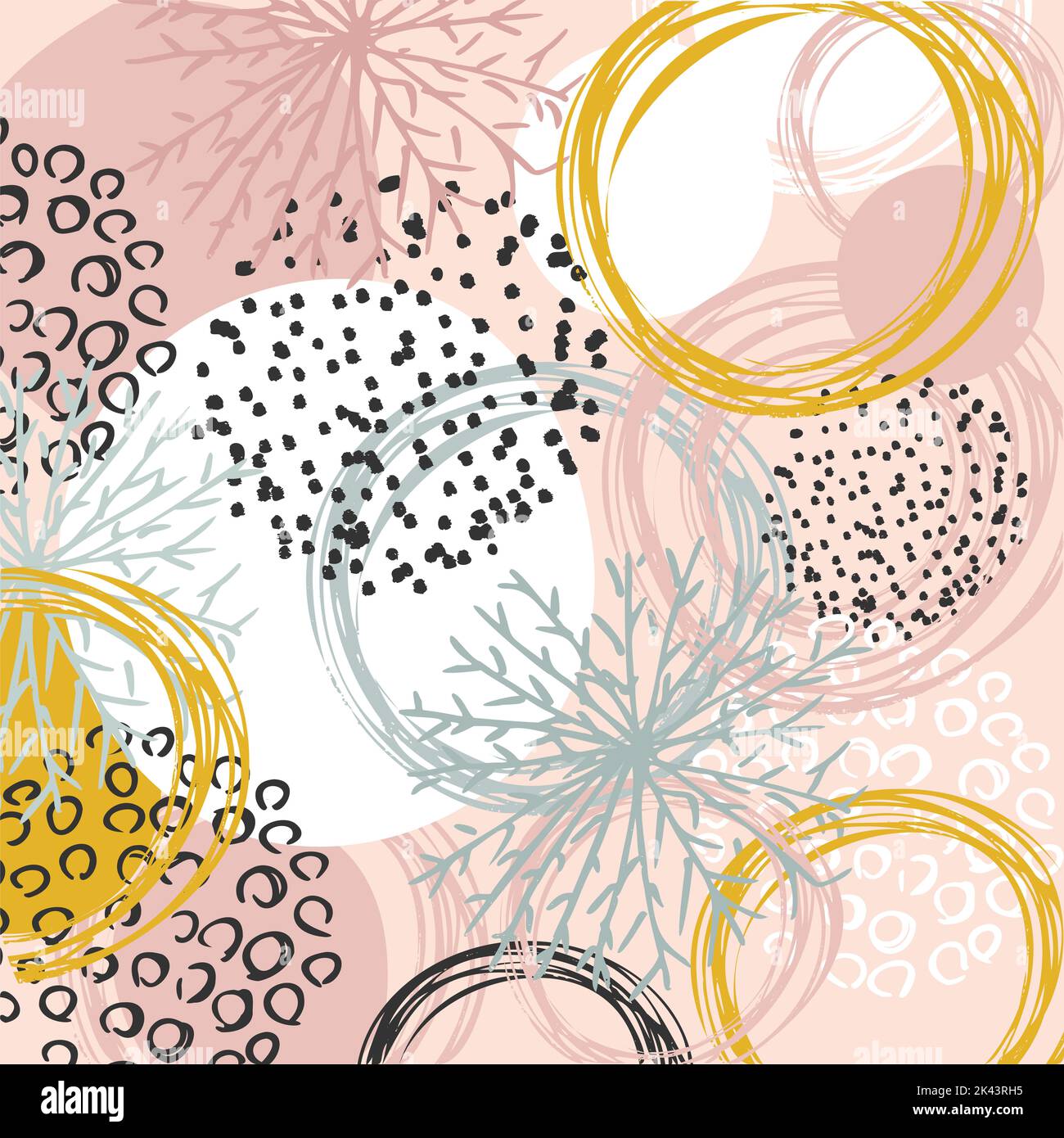 Yellow and blue circles with plant and black spots on white background ...