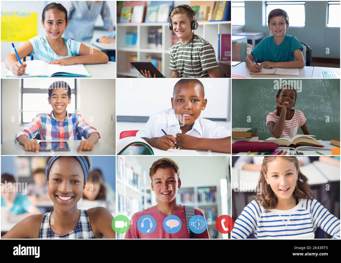 Laptop webcam view of multiple diverse students on video conference ...