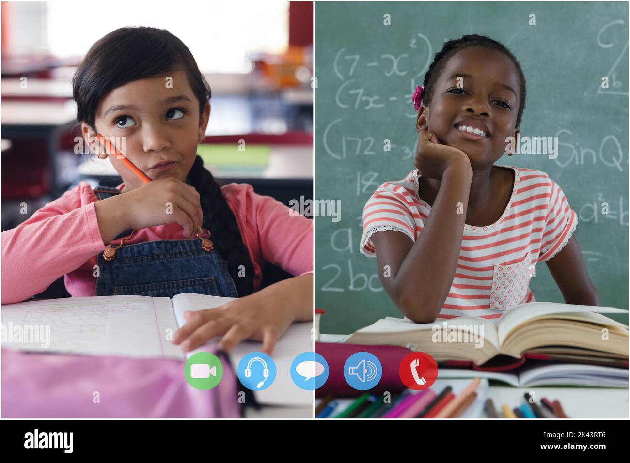 Laptop webcam view of two female students on video conference. distance ...