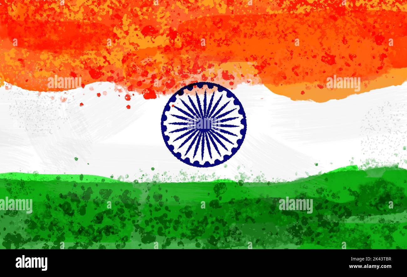 Indian flag with drops of paints over painted strokes of white, orange ...