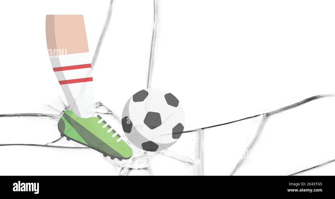 Composition of leg kicking football, on broken glass and white. sport ...