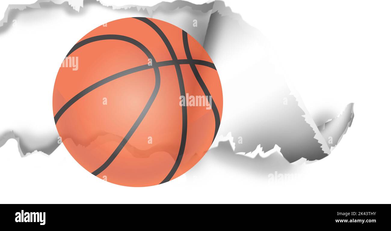 Composition of basketball on torn white paper background with dark ...
