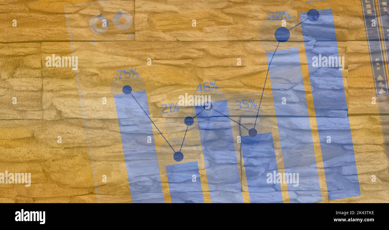 Composition of blue bar and line graph charts over textured yellow wall ...
