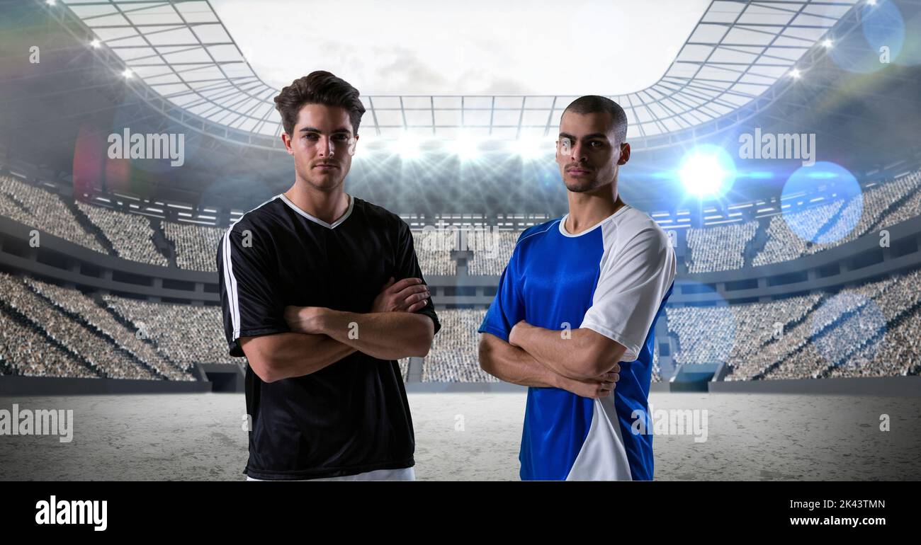 Composition of two male football players crossing arms over sports ...