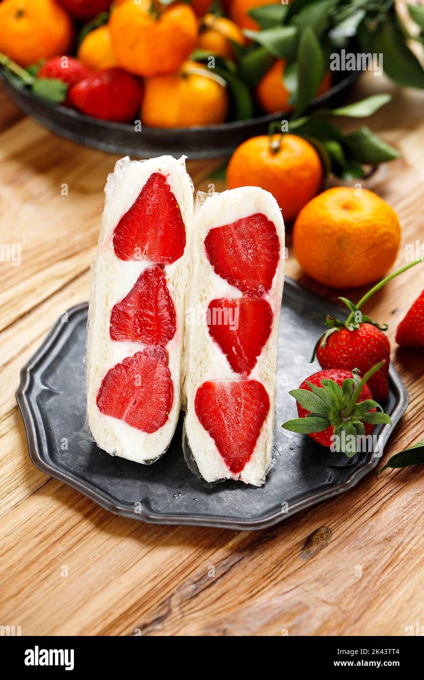 Japanese Strawberry Fruit Sandwich or Fruit Sando on Wooden Table ...