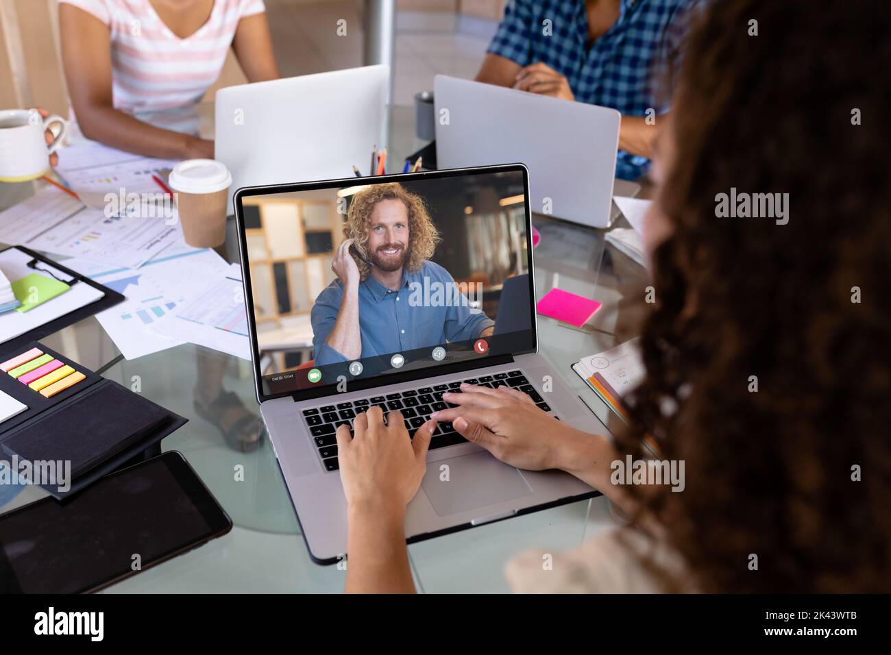Composition of caucasian businesswoman having video call with ...