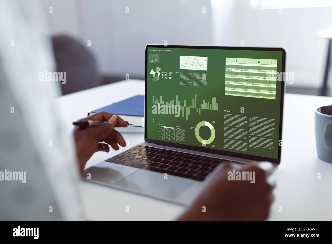 Composition of hands using laptop with data processing. Global business ...