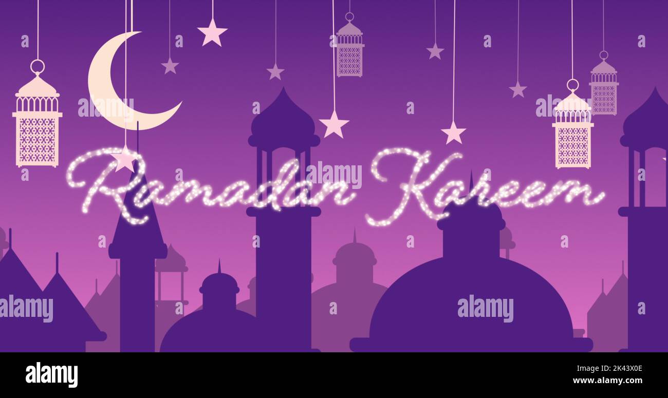 Digitally generated image of a silver glitter Ramadan kareem greeting ...