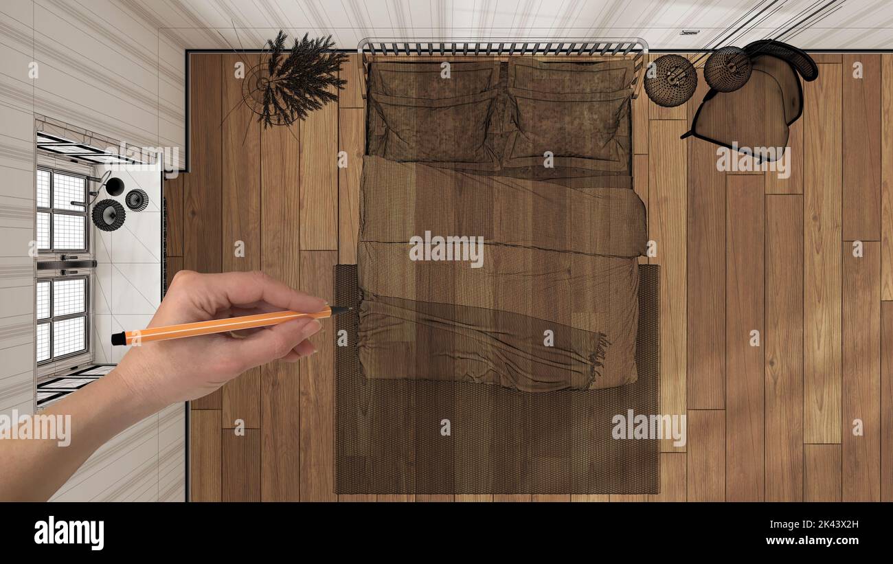 Empty white interior with parquet floor, hand drawing custom ...