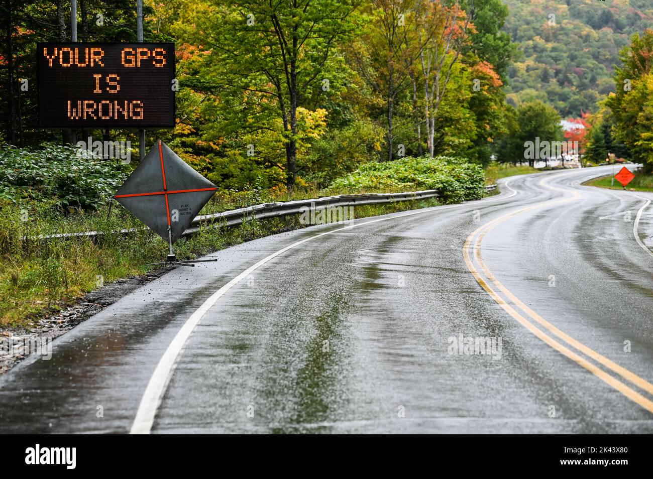 GPS warning sign posted in Stowe, VT, USA, because large trucks follow ...