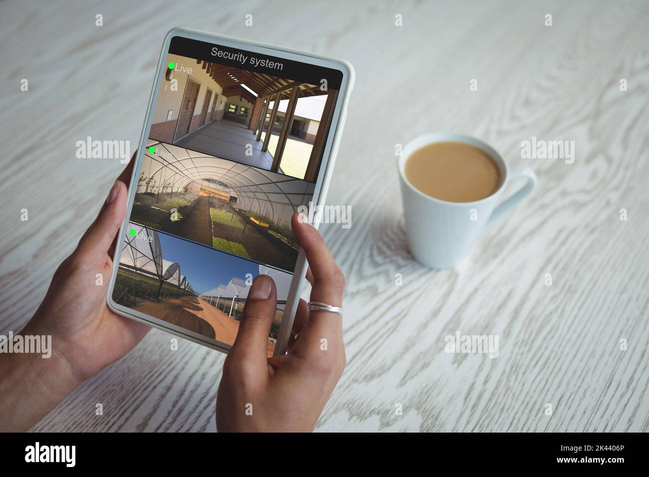 Hands of african american woman holding tablet with view of farm from ...