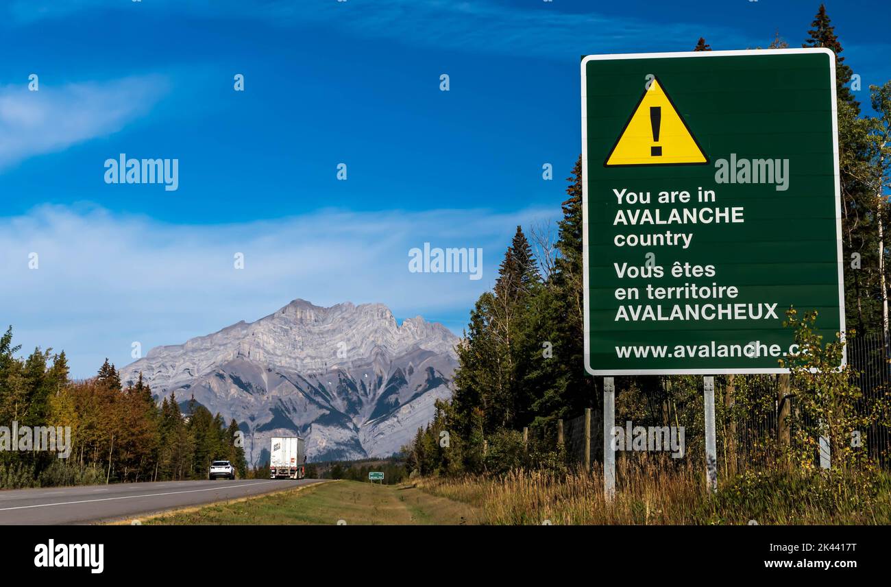 An avalanche warning sign along the Trans Canadian Highway written in ...