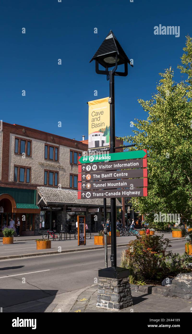 Information and directional signs on Banff Avenue in Banff, Alberta ...