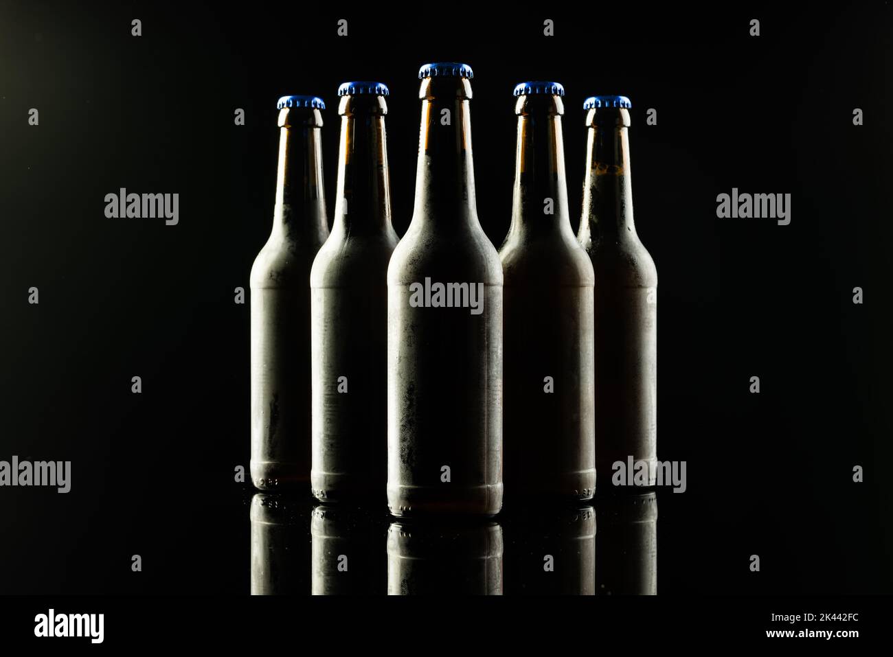 Horizontal image of five dark glass bottles of lager beer with blue ...