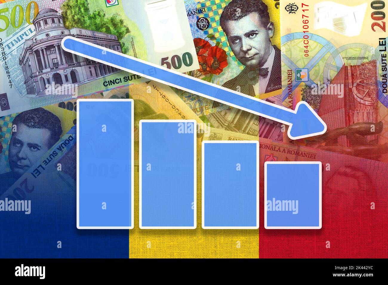 Economy Graph: Downward Arrow, Romania Flag and Cash Leu Banknotes ...