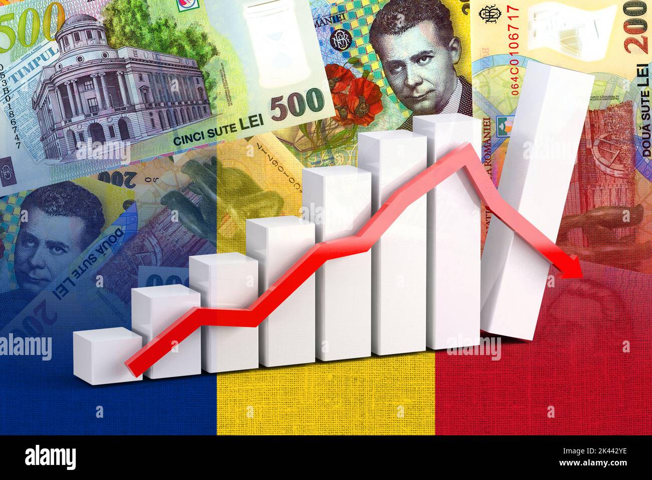 Economy Graph: Downward Arrow, Romania Flag and Cash Leu Banknotes ...