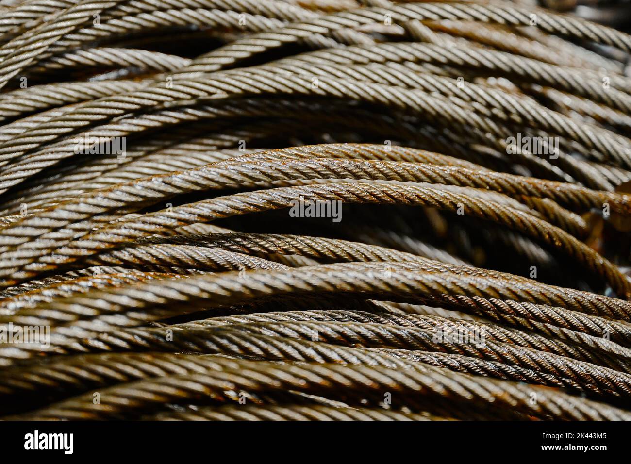 Twisted rope metal cables coiled in factory warehouse Stock Photo - Alamy