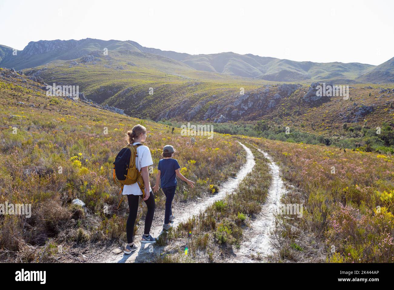 South Africa, Hermanus, Teenage girl (16-17) and brother (8-9) hiking ...