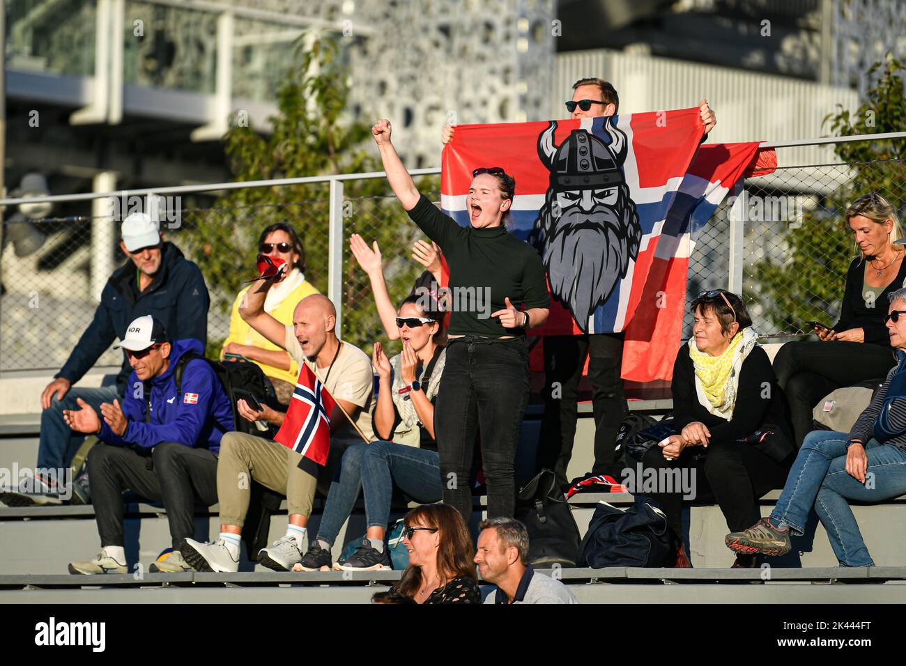 Paris, France on September 29, 2022. Norwegian supporters (fans) with a ...