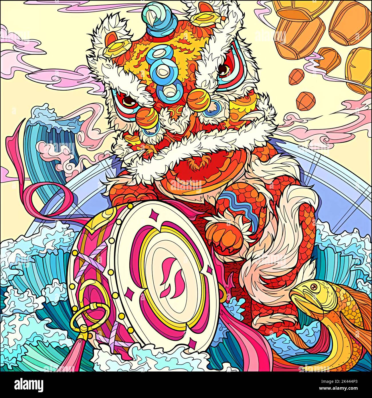 image of a lion dance and a fish on the water Stock Photo - Alamy