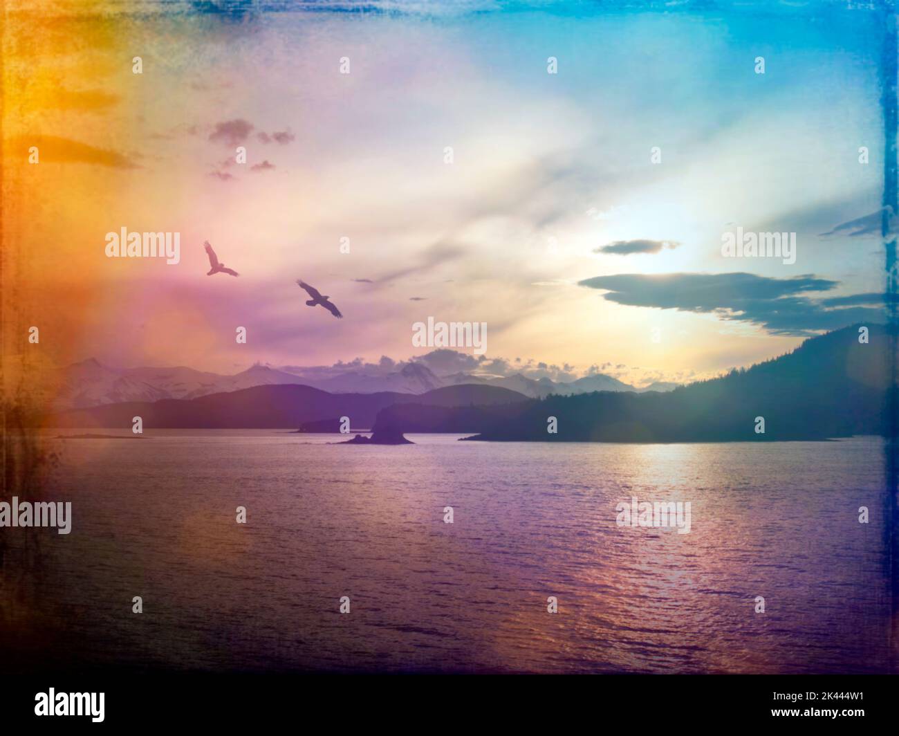 Two ravens flying over water at sunset with a colorful magical texture ...