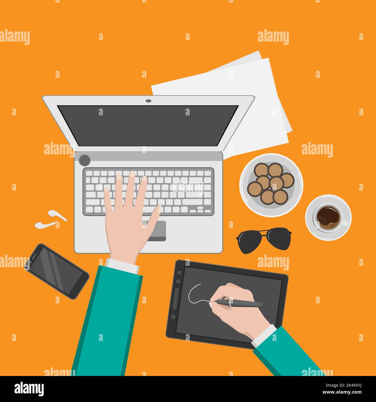 work at home with a relaxed working space concept top view vector ...