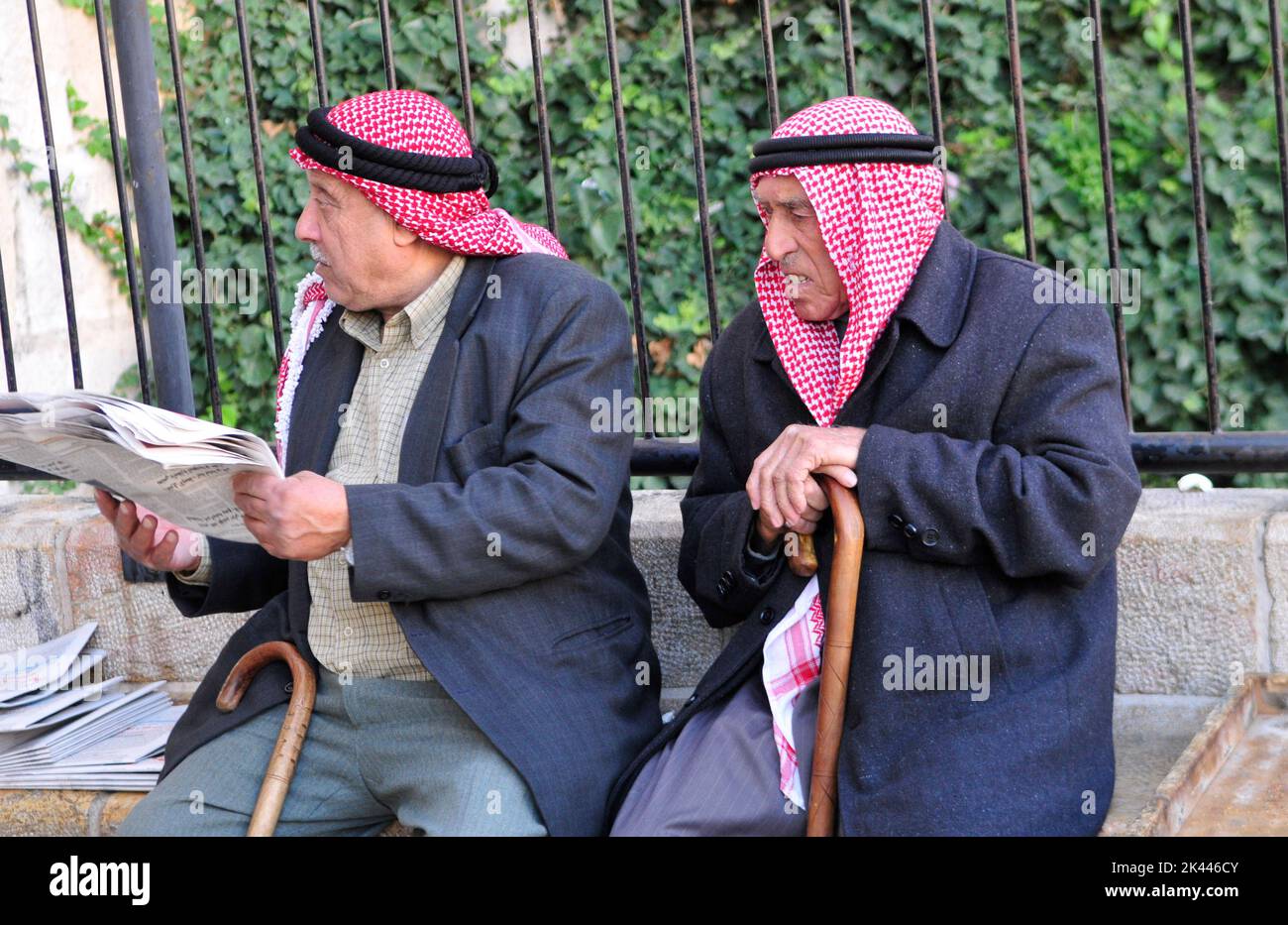 Elderly Palestinian men reading the morning newspaper by Damascus gate ...