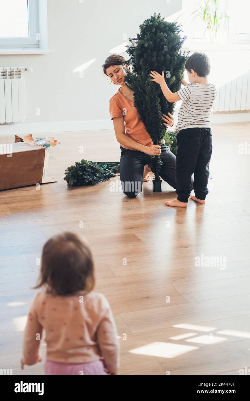 Family portrait of three members assembling the Christmas tree in their ...