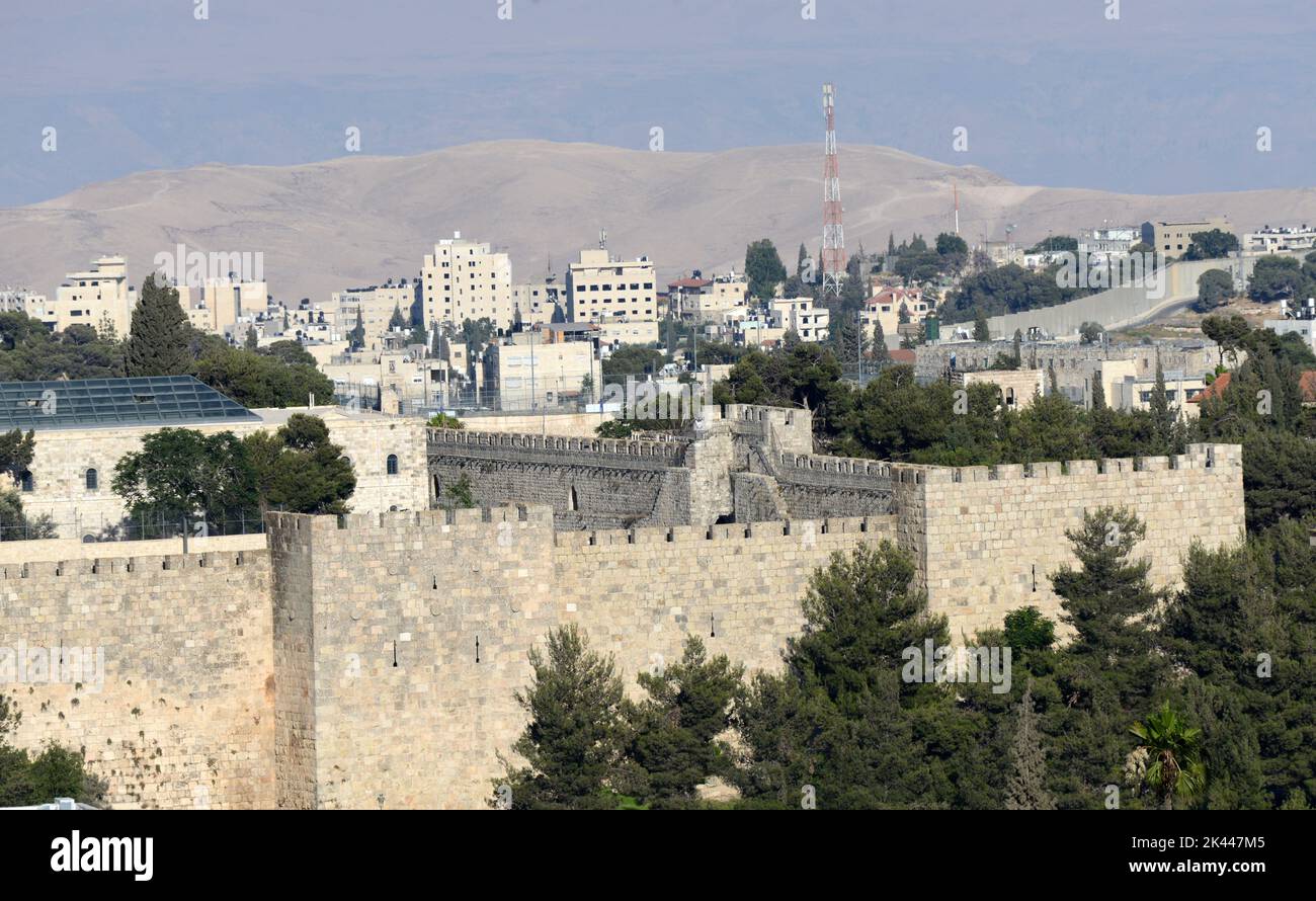 A view of the old city in Jerusalem with the Judean desert and ...