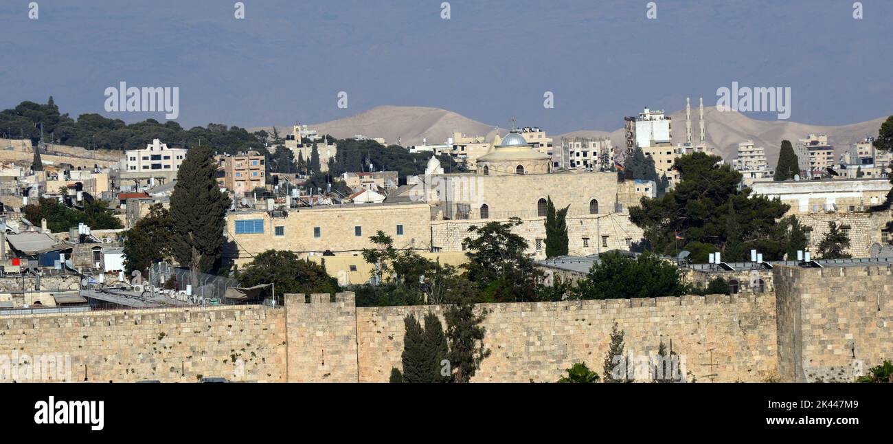 A view of the old city in Jerusalem with the Judean desert and ...