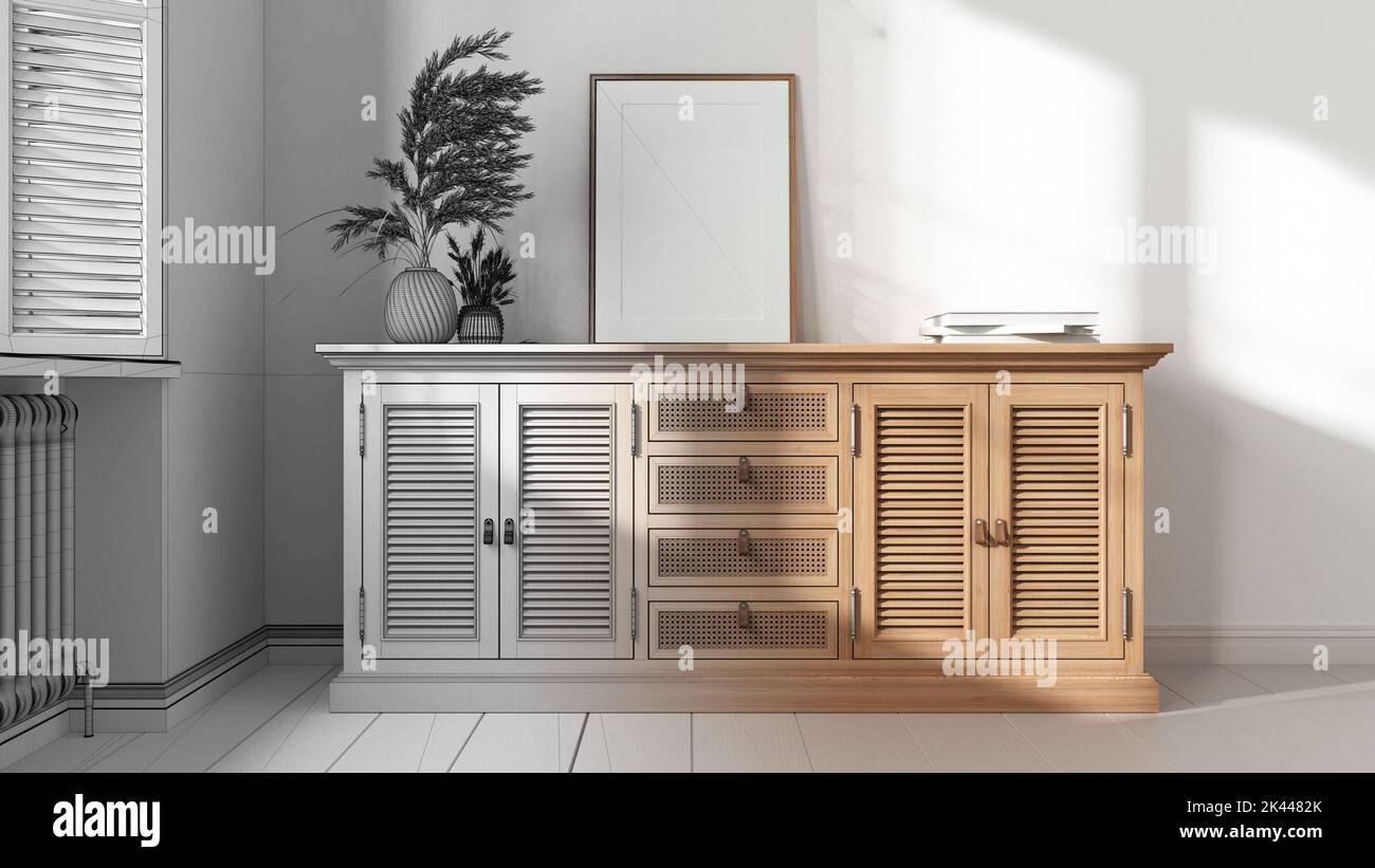 Architect interior designer concept: hand-drawn draft unfinished ...