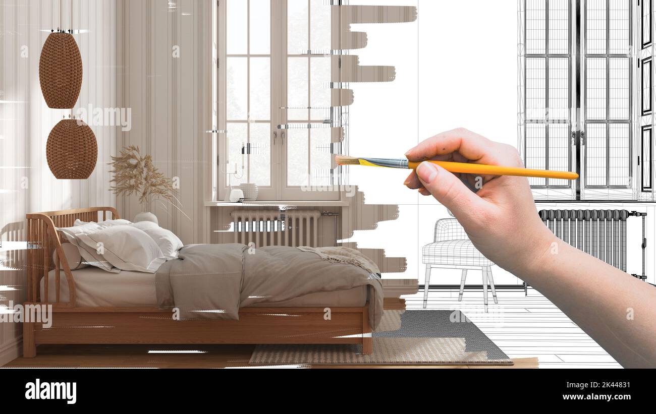 Blueprint project draft, sketch of scandinavian bedroom, hand painting ...