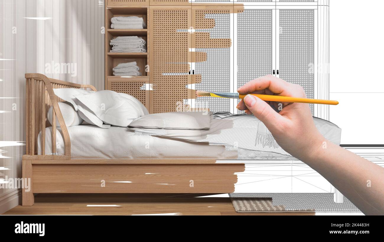 Blueprint project draft, sketch of scandinavian bedroom, hand painting ...