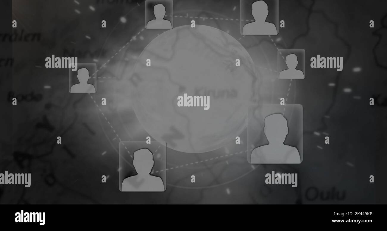 Image of network of grey people icons over grey globe and map on black ...