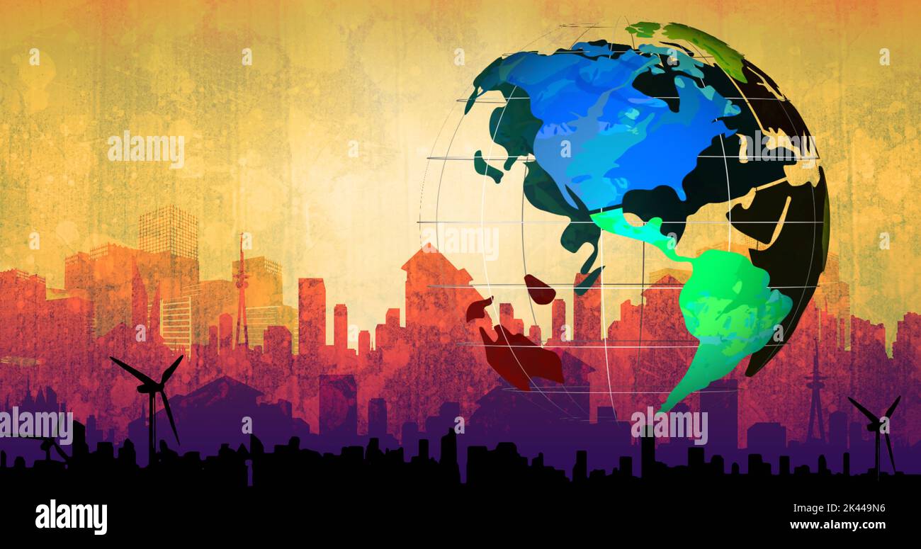 Composition of globe with wind turbine and cityscape. Global ...